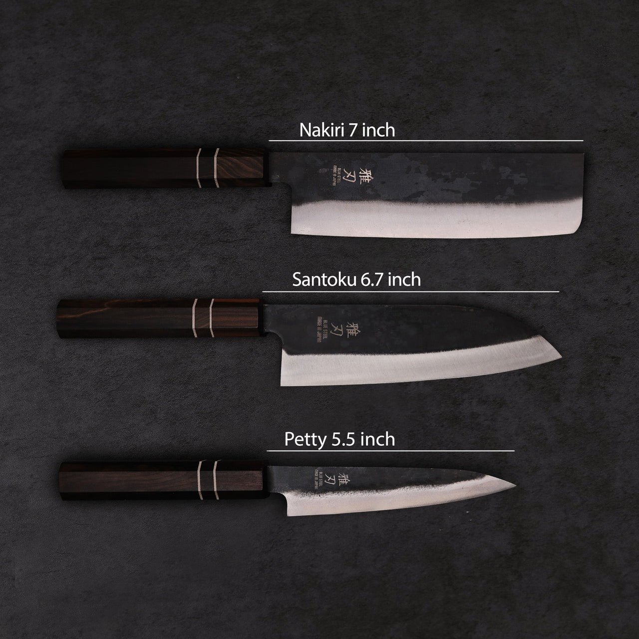 Essential Japanese Knife Set – Blue Steel Blades, Ebony Wood Handles ...